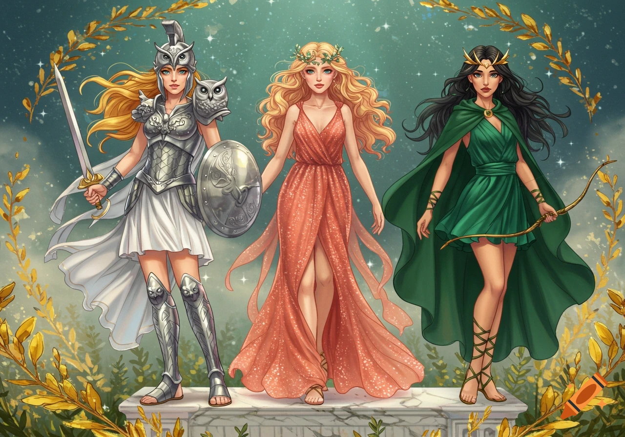 Colored drawing of seven diverse women in ancient Greek robes, depicted ...