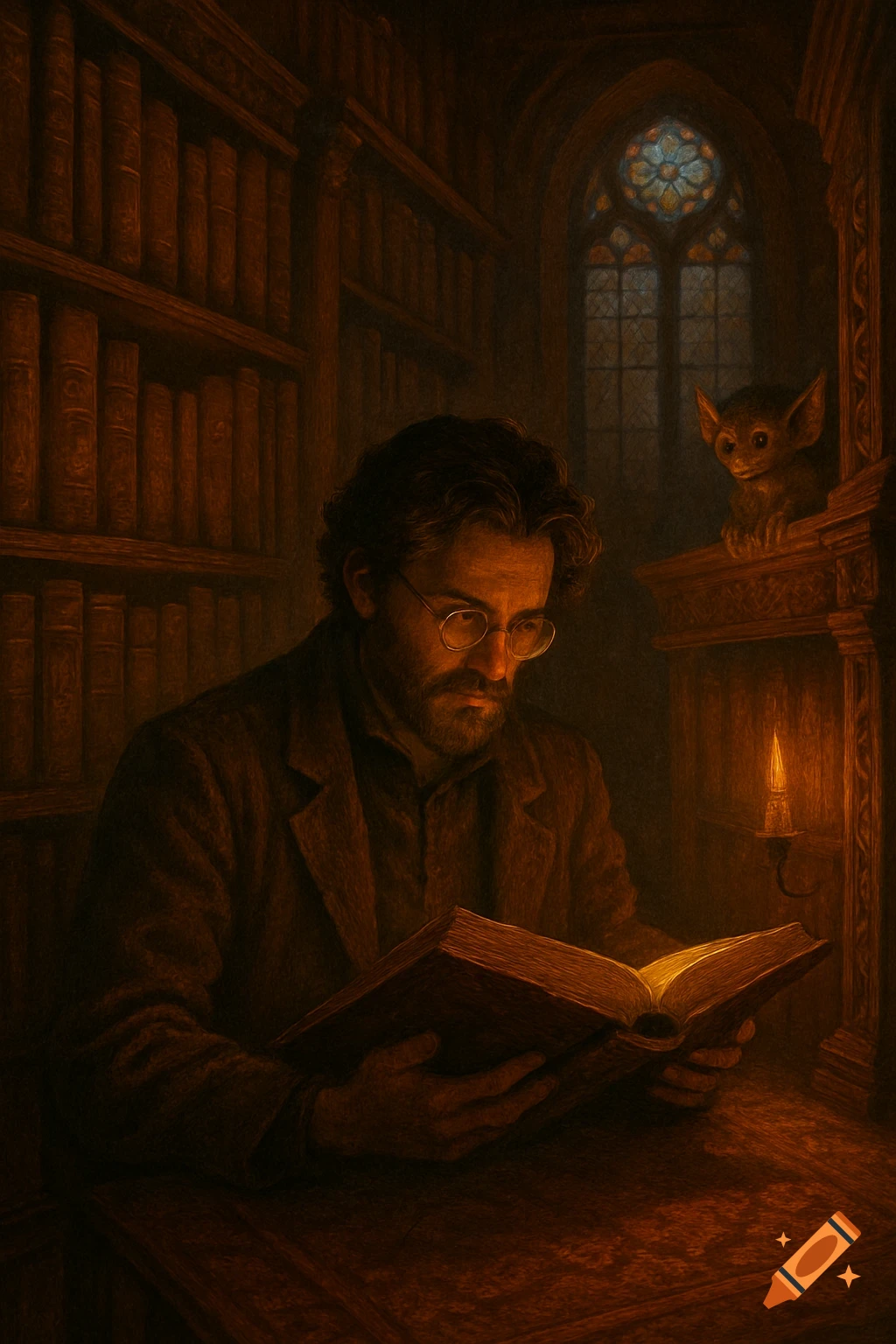 A medieval fact-checker, a robed figure, reads a large old book with a ...