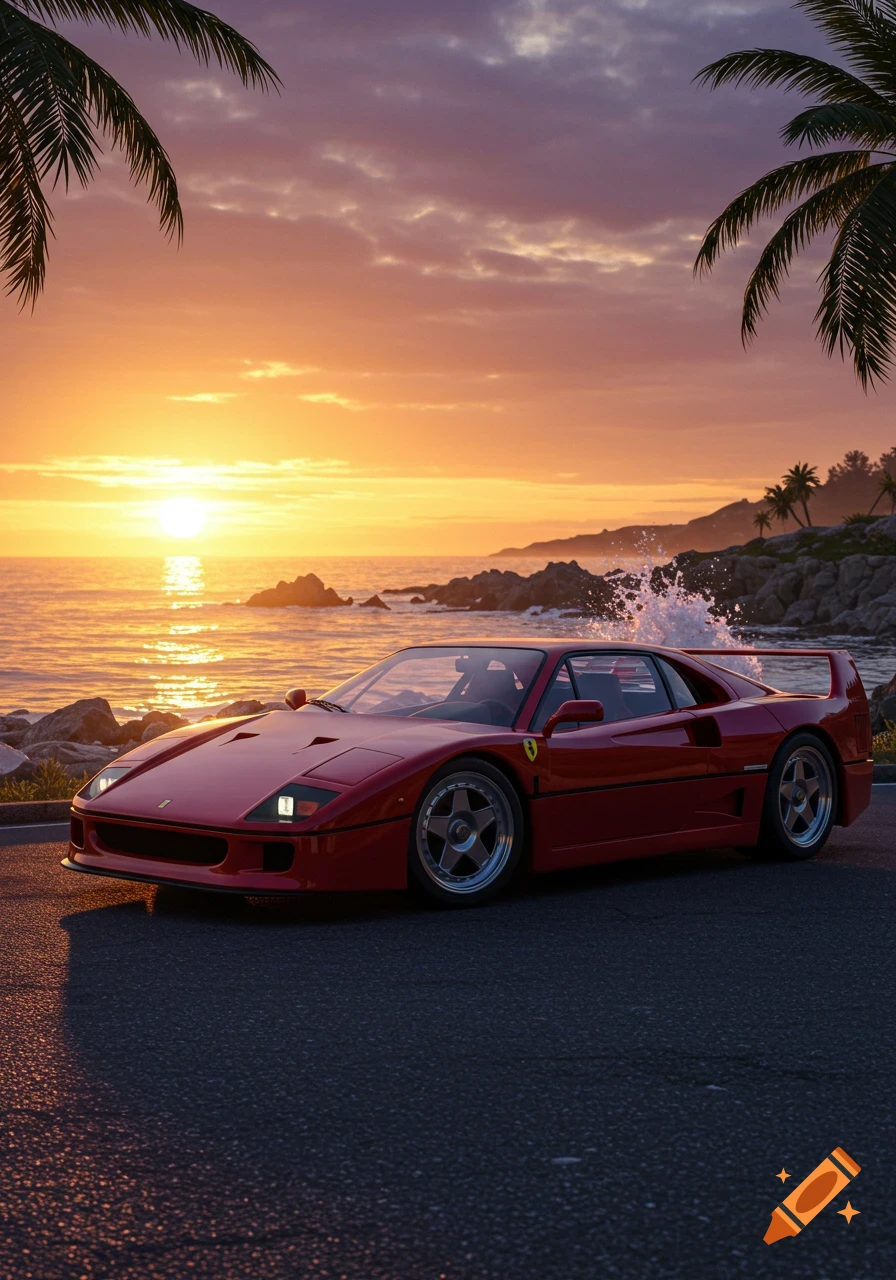 A sleek blue sports car speeds along a winding race track at sunset ...