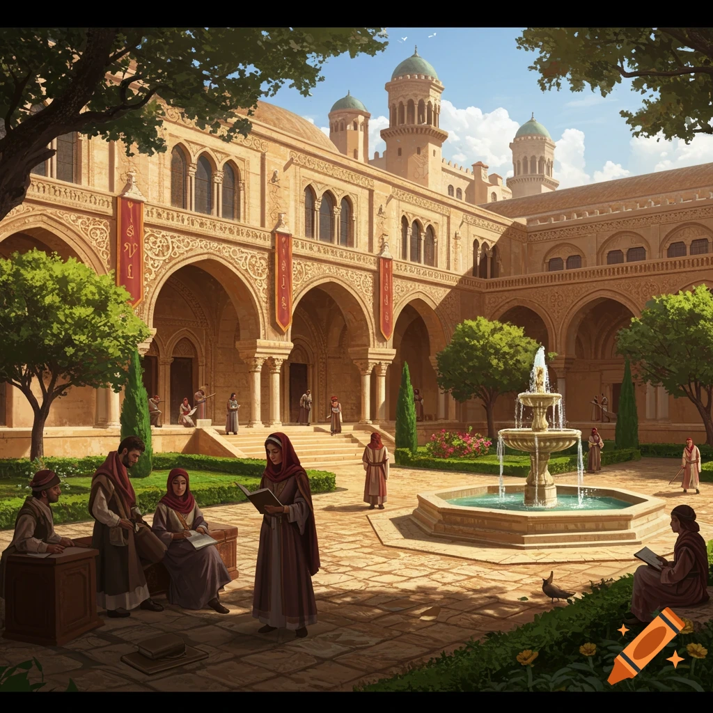 A detailed illustration of a sunny college courtyard with ornate stone ...