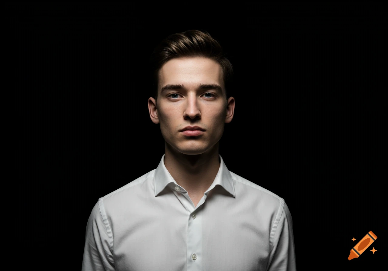A serious young man in a white collared shirt looks directly forward ...