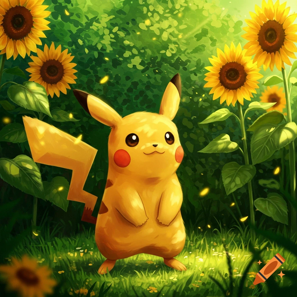 Digital art of Pikachu sitting in a vibrant green field filled with ...