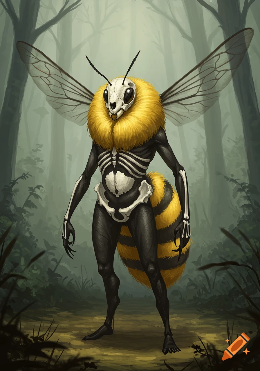 A humanoid bee creature with a skull head, yellow fur, and skeletal ...