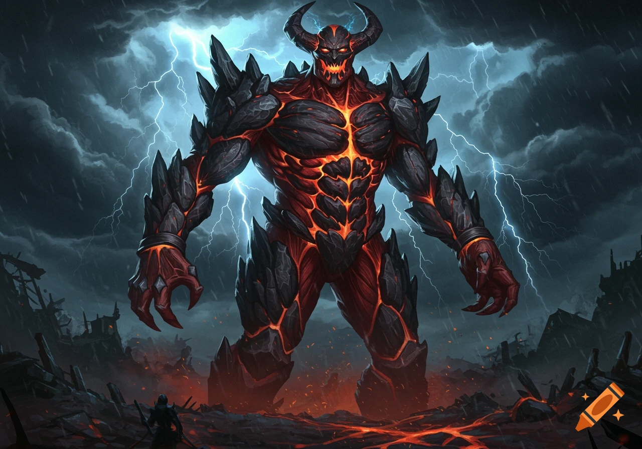 A terrifying dark deity with glowing red eyes and a gold crown emerges ...