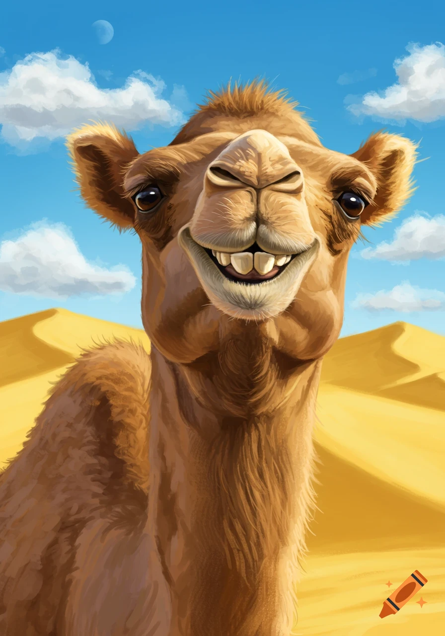 A close-up, cartoon illustration of a happy, laughing camel in a desert ...