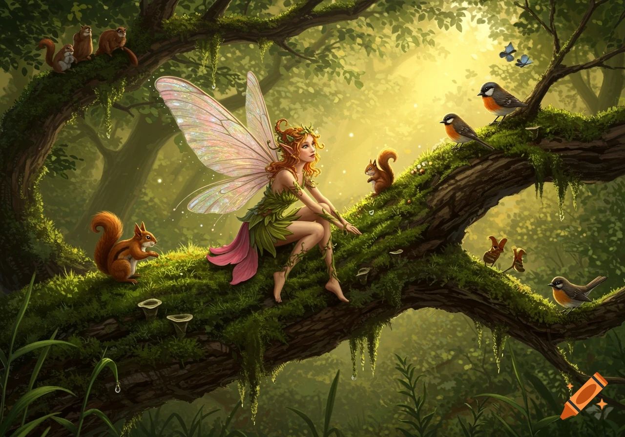 A fairy with wings and a green dress sits on a giant red and white mushroom in a lush, sunlit ...