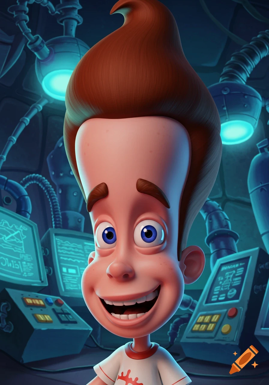 A 3D rendered image of Jimmy Neutron, a cartoon boy with a very large ...