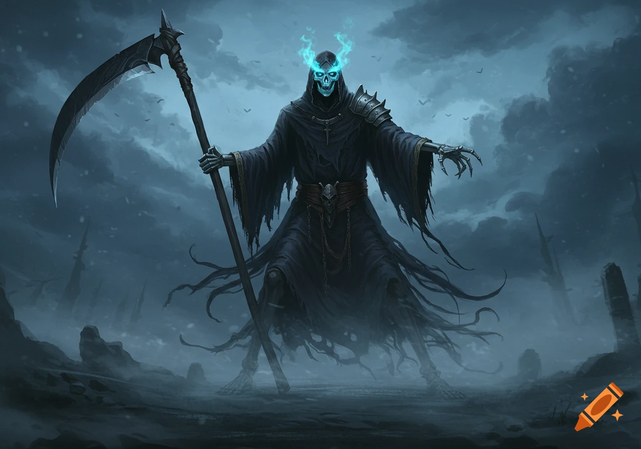 A skeletal reaper with glowing blue eyes and head flames, wearing a ...