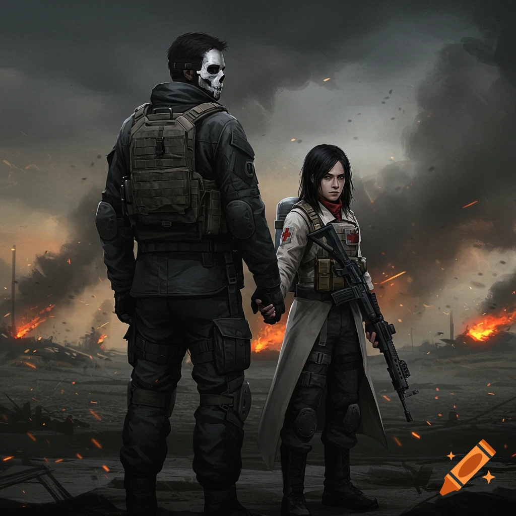 Two figures, a soldier in a skull mask and a medic with a rifle, hold ...