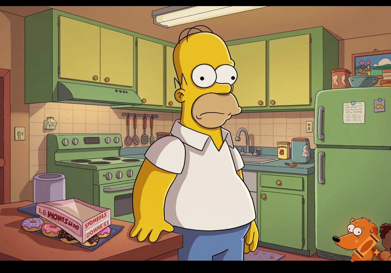 Cartoon Homer Simpson devouring a burger at a Burger King, with fries ...