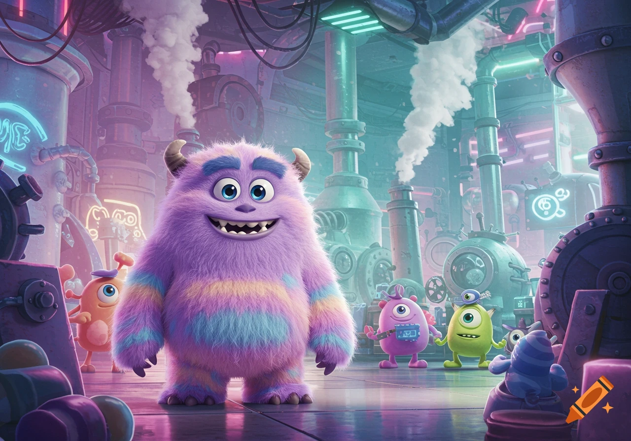 Mike Wazowski from Monsters Inc. stands on a pedestal in a vibrant ...