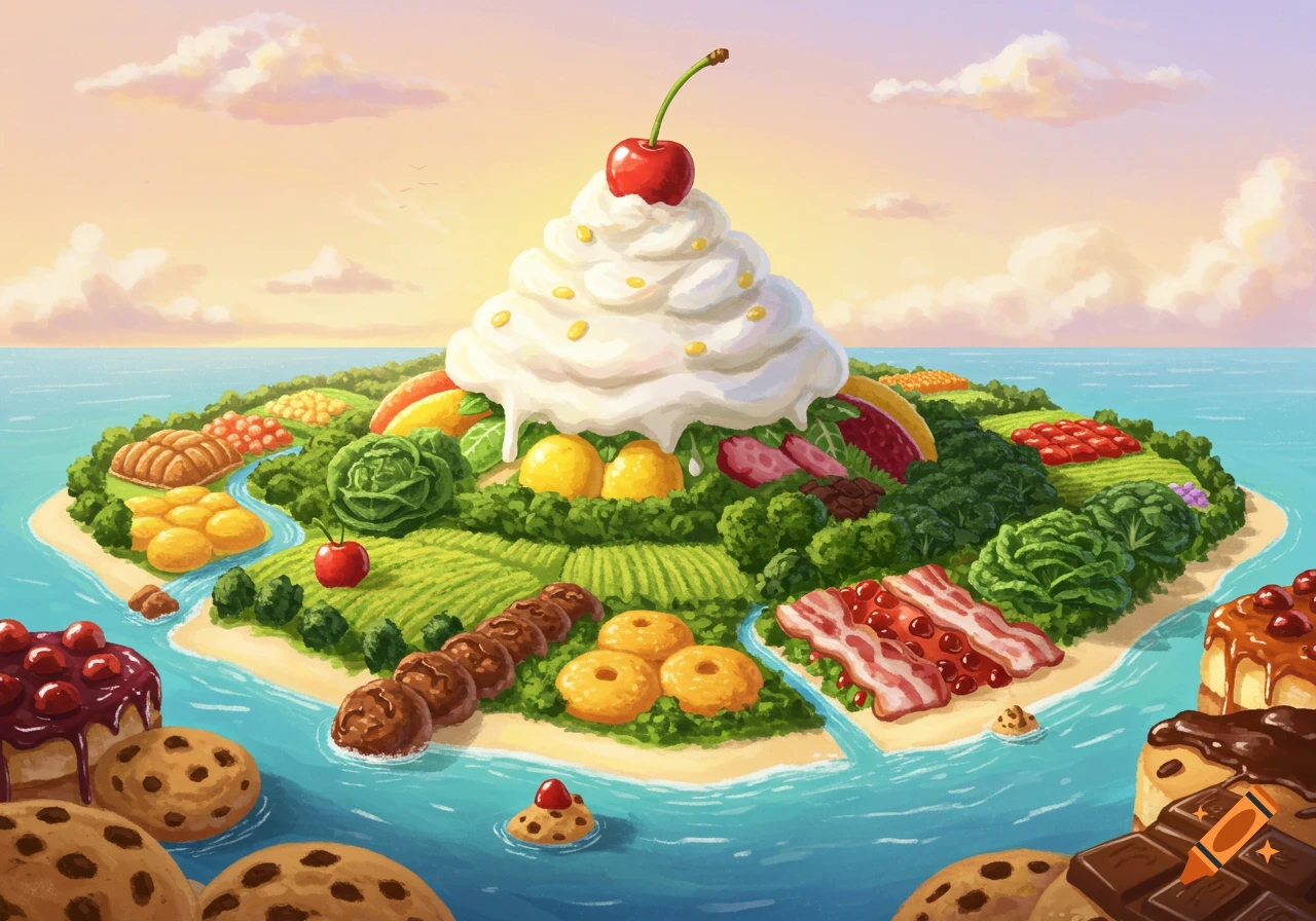 A whimsical island made of food, with a whipped cream peak, surrounded ...