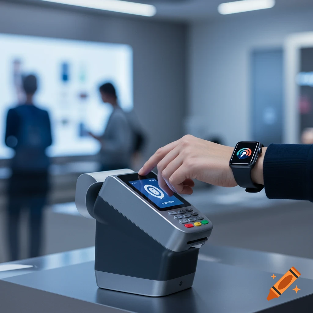 Close-up of a person's hand tapping a payment terminal screen with a ...