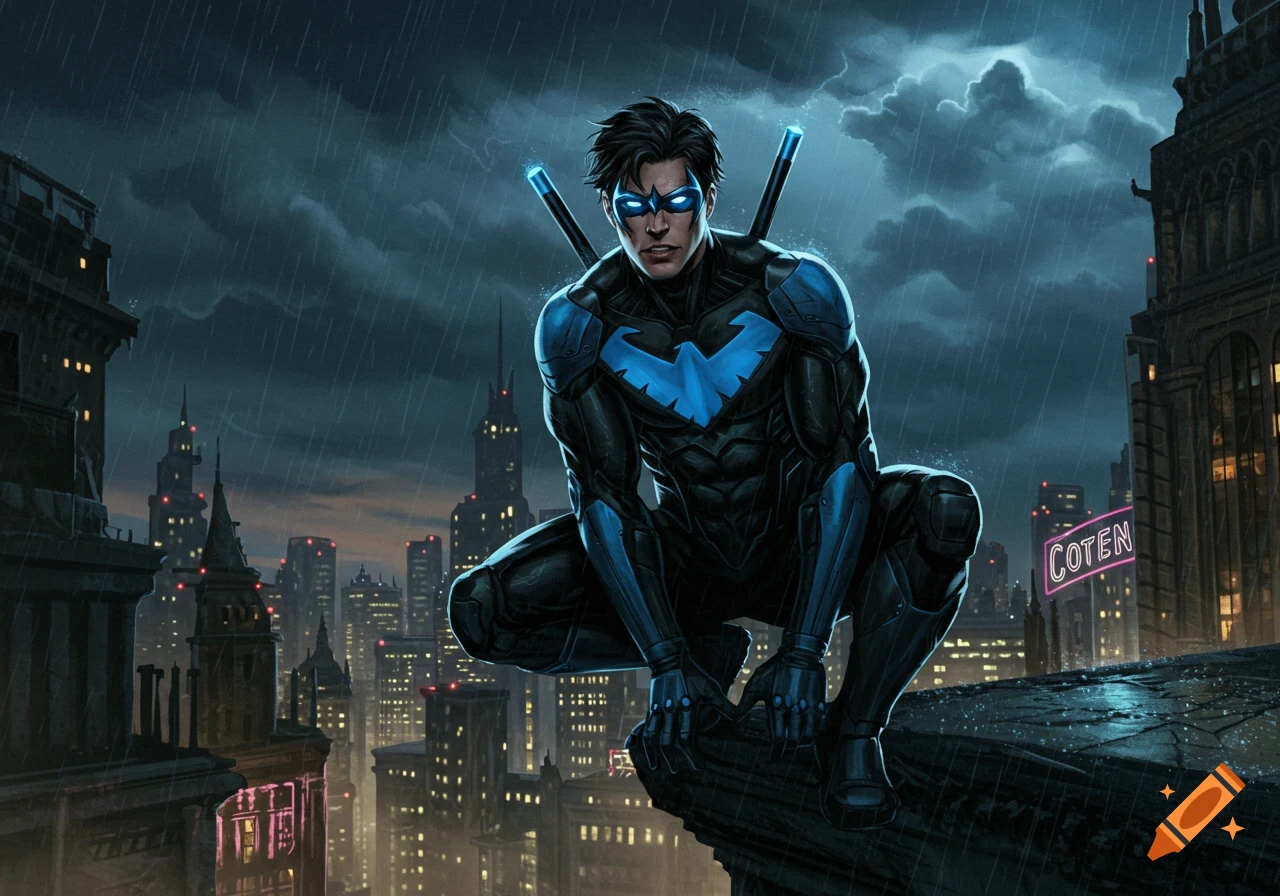 Batman in a leopard print suit, black mask and cape, stands on a Gotham ...