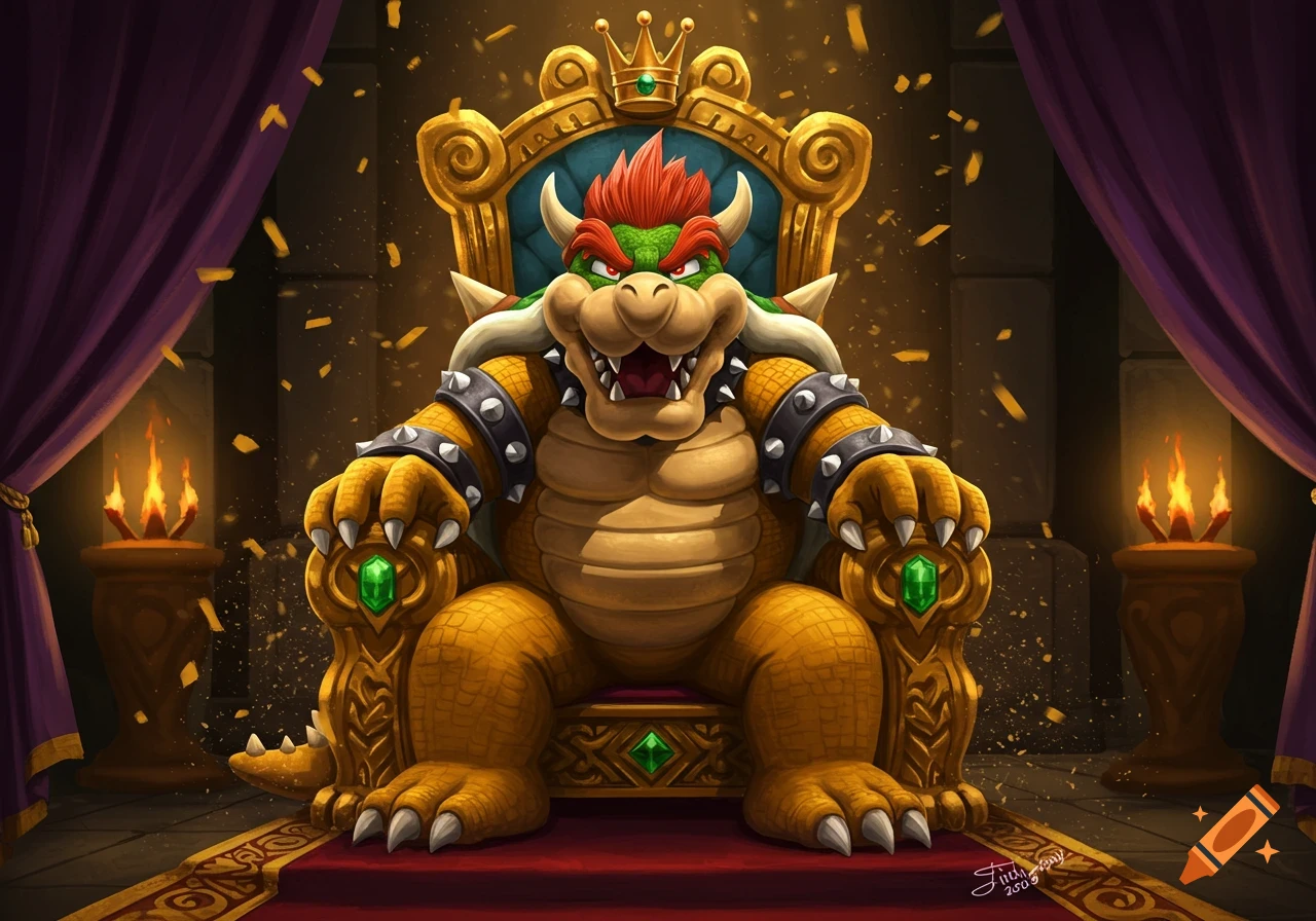Bowser, the large reptilian king from Mario, sits regally on a golden ...