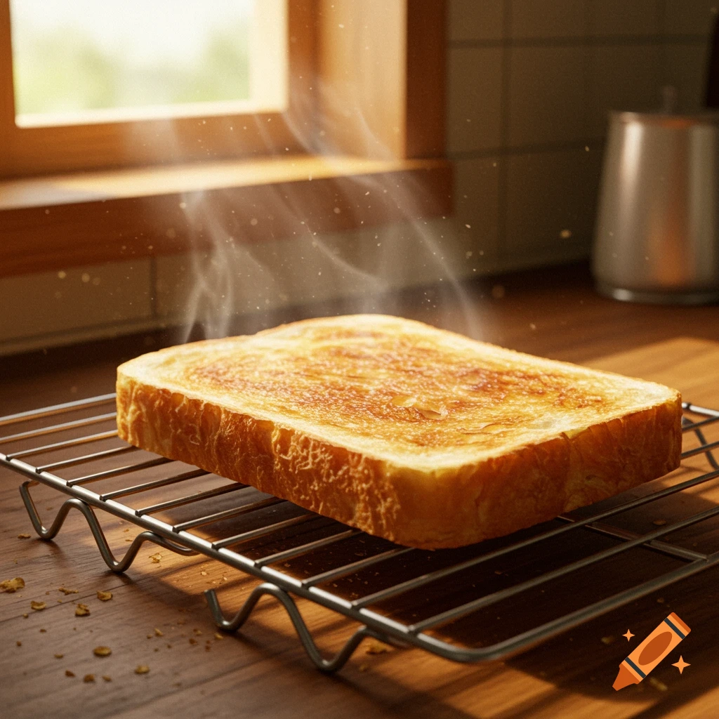 A golden-brown slice of hot toast steaming on a metal cooling rack in a ...