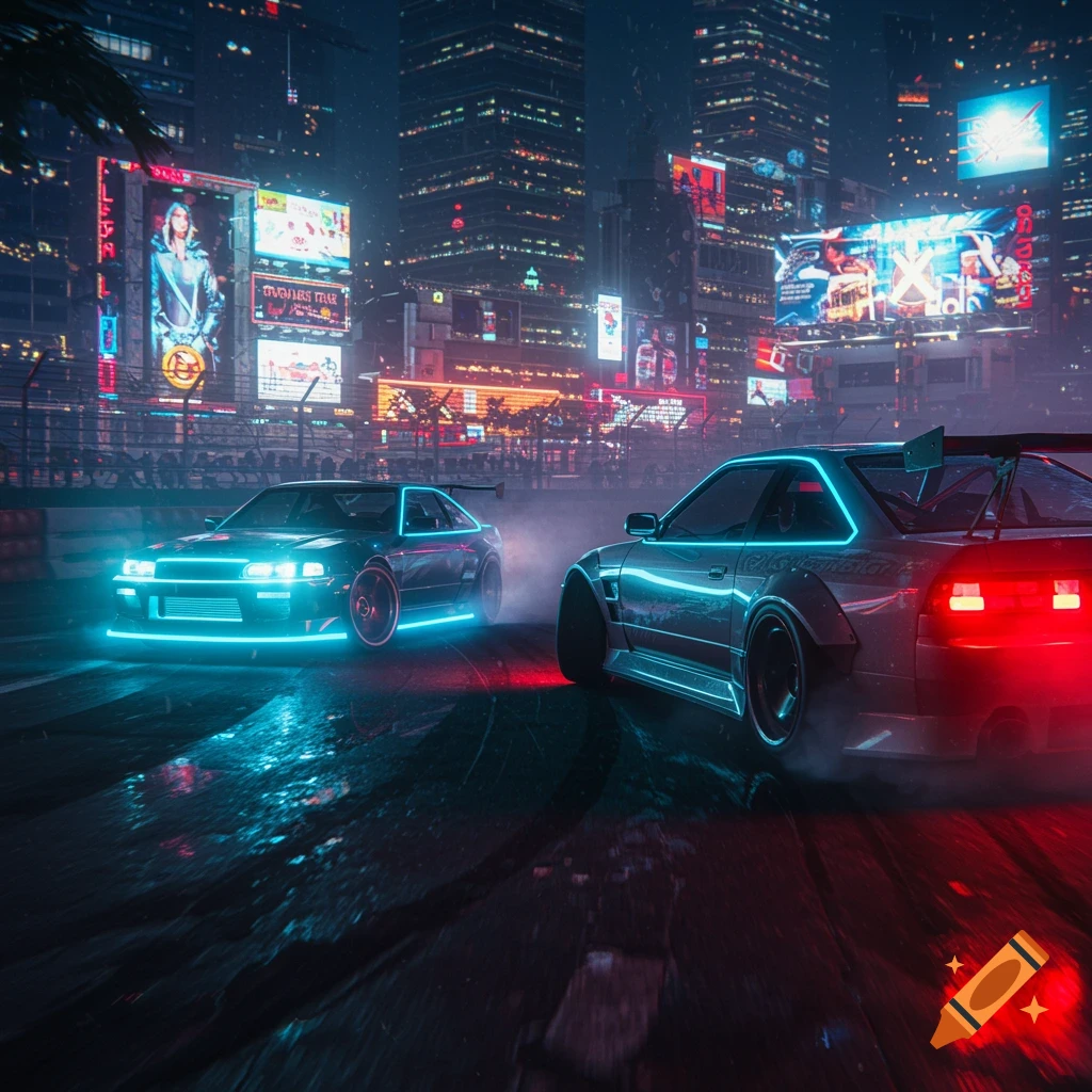 Two neon-lit drift cars on a wet road in a futuristic cyberpunk city at ...