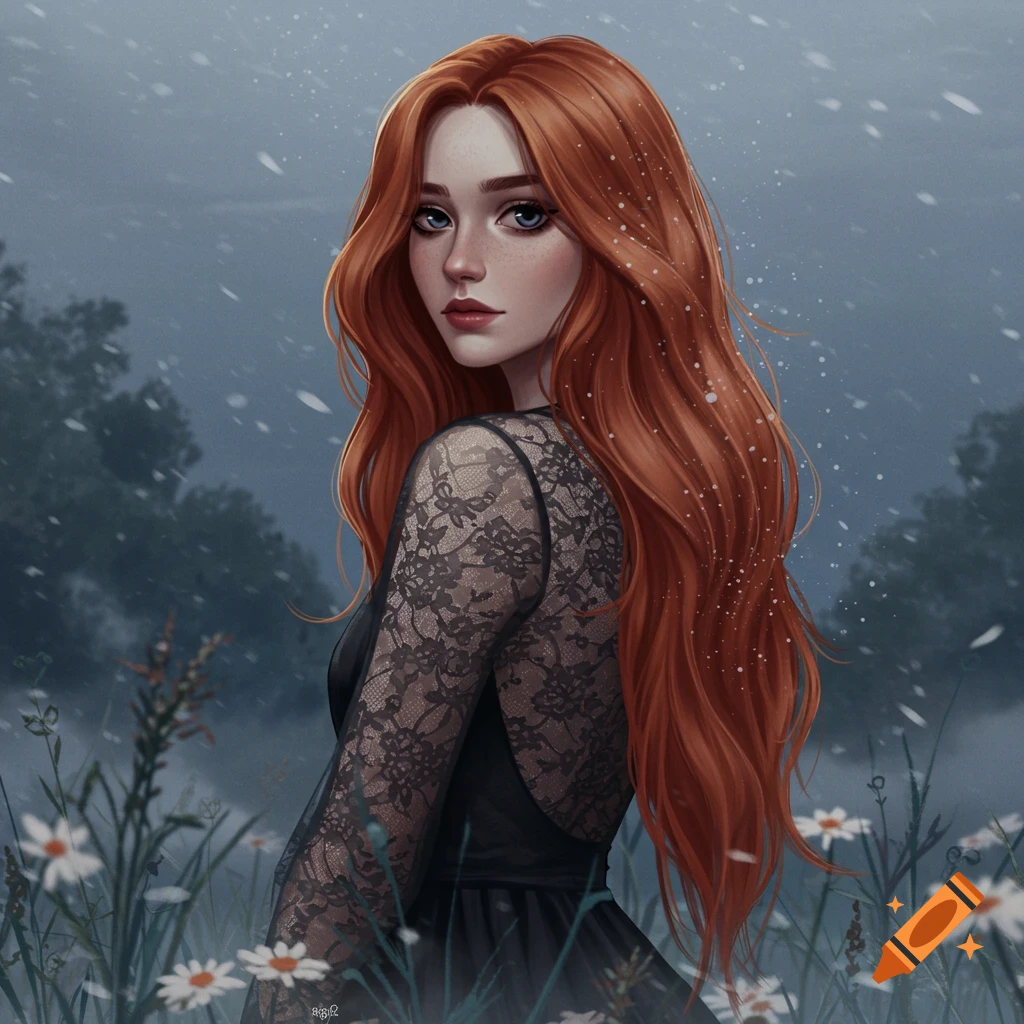 A red-haired witch with long braids and green eyes wears a dark robe ...