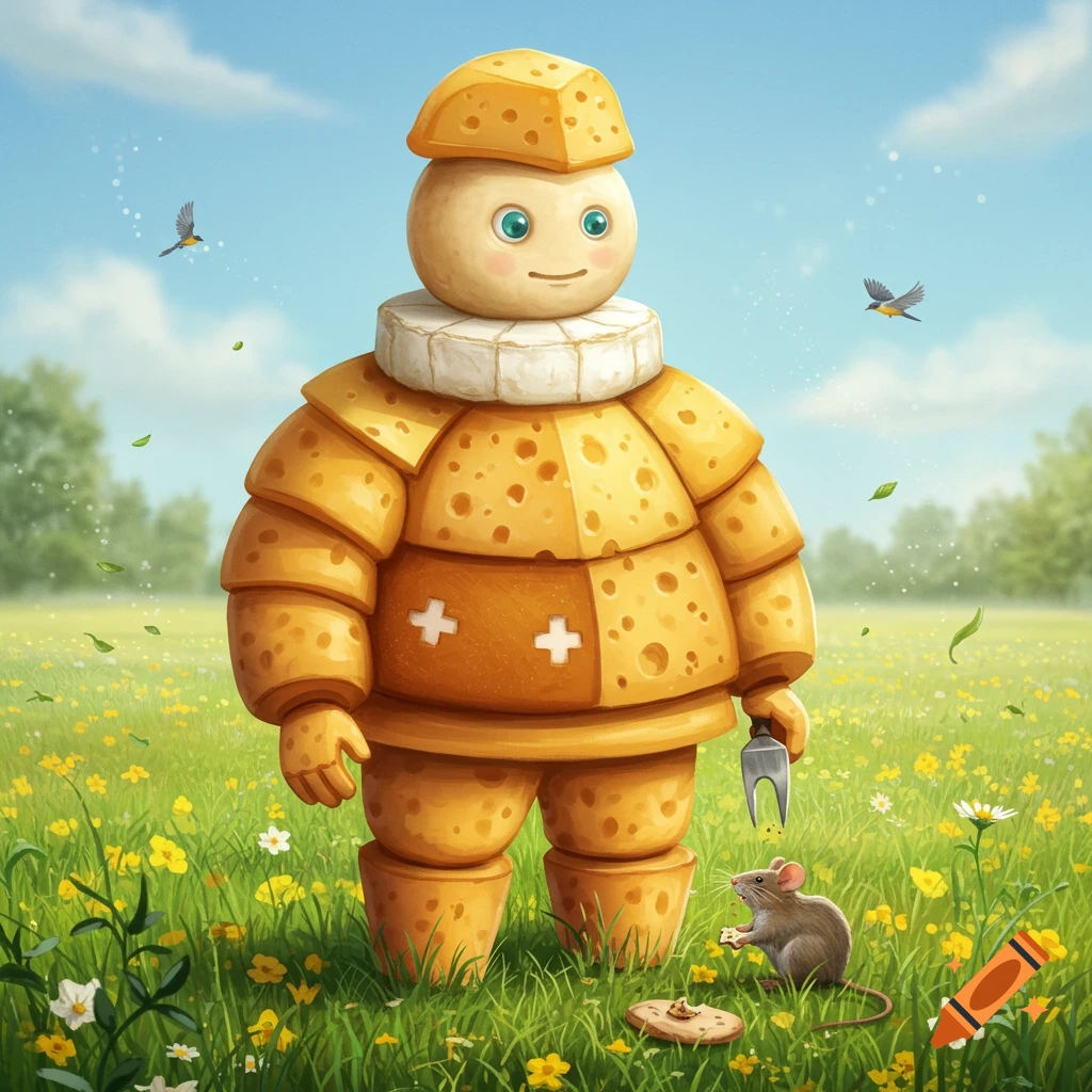 An anthropomorphic biscuit with arms and legs walks through a sunny green field, balancing a ...