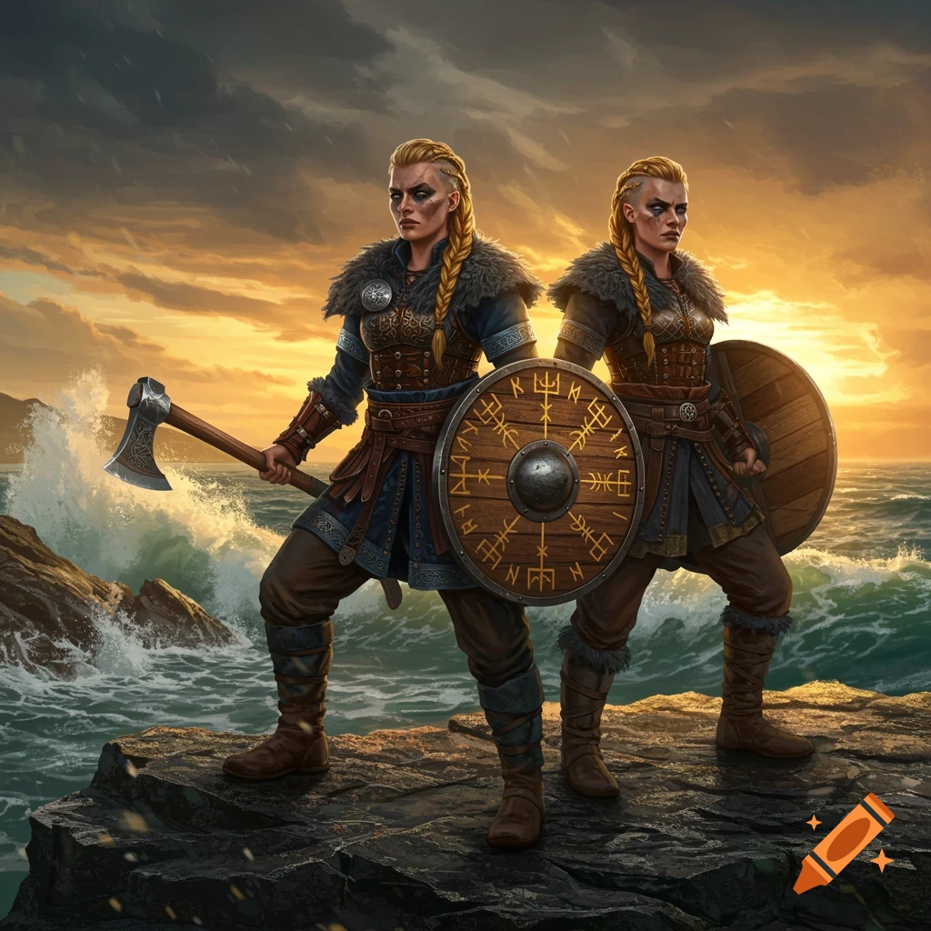 Two powerful Viking women in armor stand on a rocky coast at sunset ...