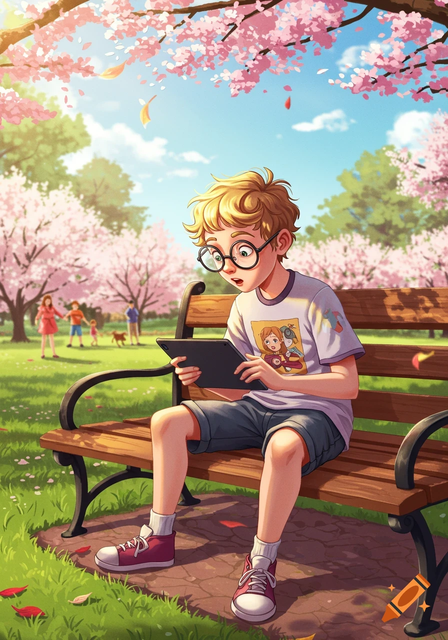 A cartoon person waves on a park path with 'Hi!' above, surrounded by ...