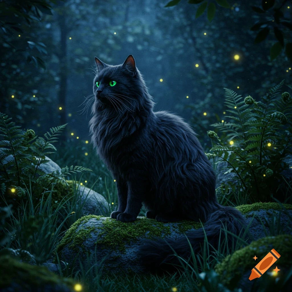 A cute black cat with large glowing blue eyes sits in a dark, glowing ...