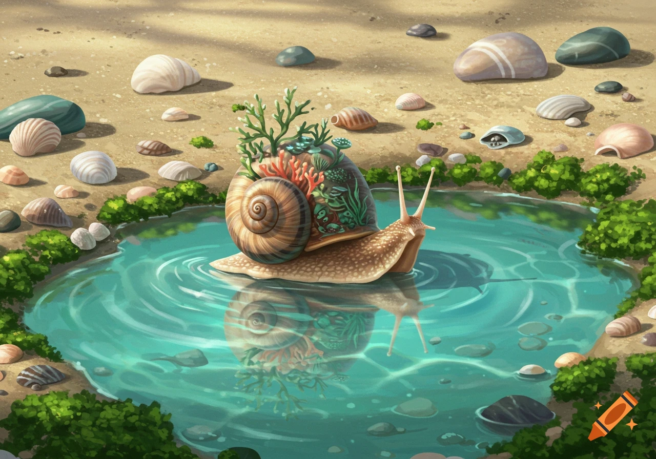 An illustrated snail with an intricately carved seascape shell sits in ...