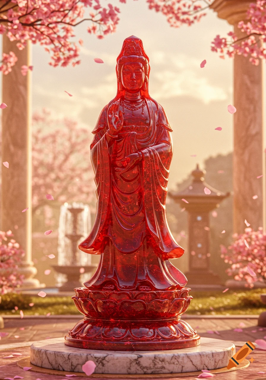 A vibrant red ruby goddess statue stands in a serene garden with pink ...