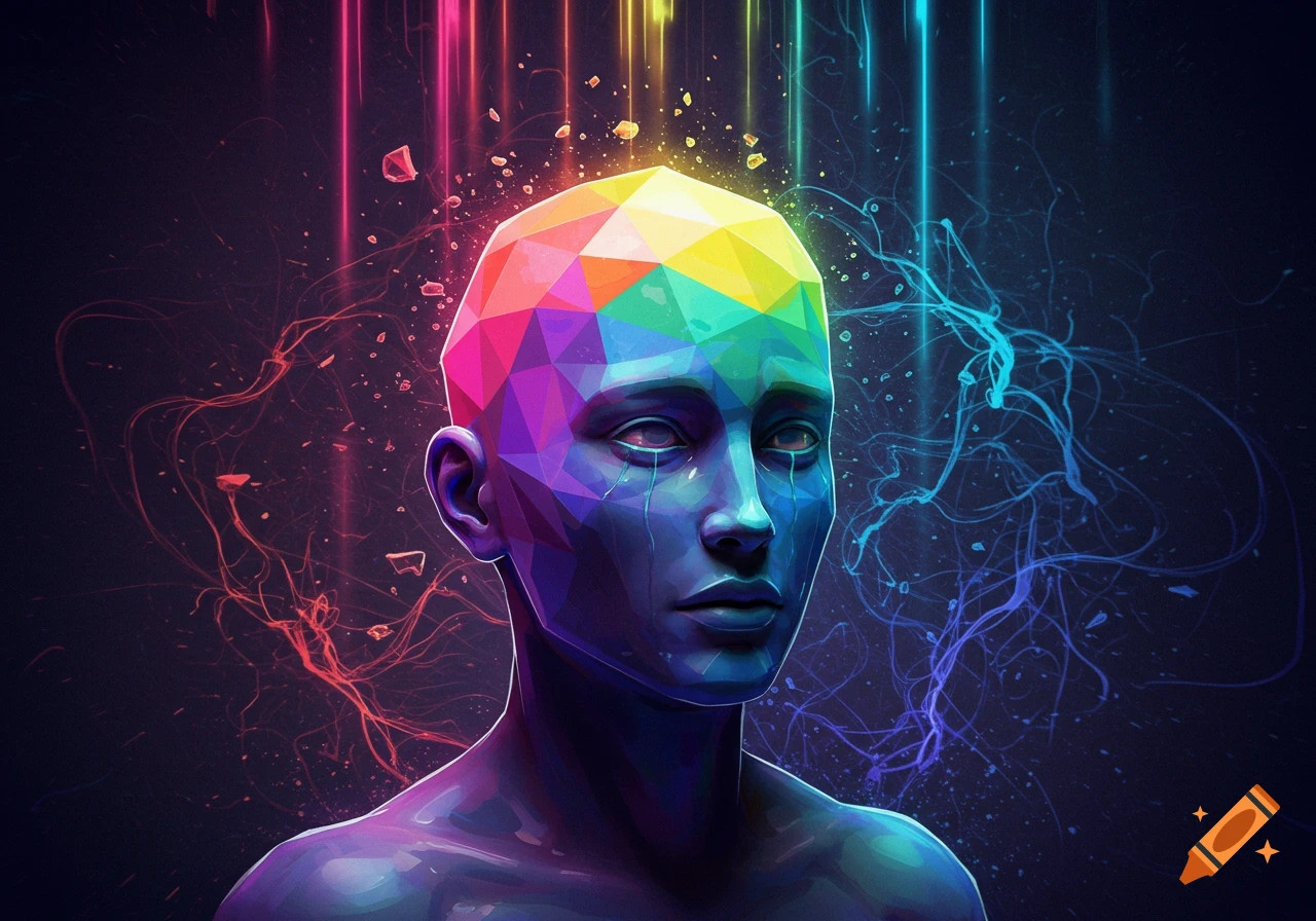 Abstract geometric face made of ice crystals emerging from an arctic ...