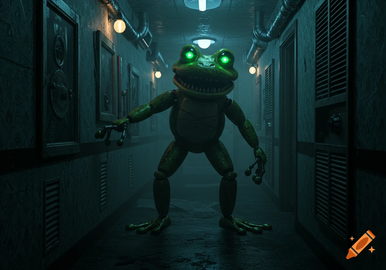 A menacing green animatronic frog with glowing eyes stands in a dark ...