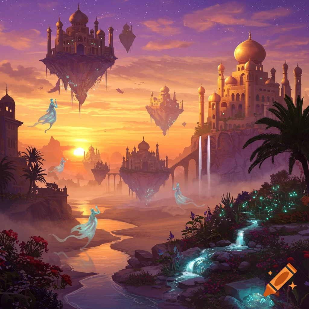 A vibrant, surreal fantasy landscape with floating islands, ornate ...