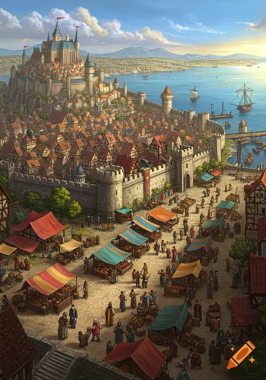 A vibrant medieval city with a castle on a hill overlooking a bay with ...