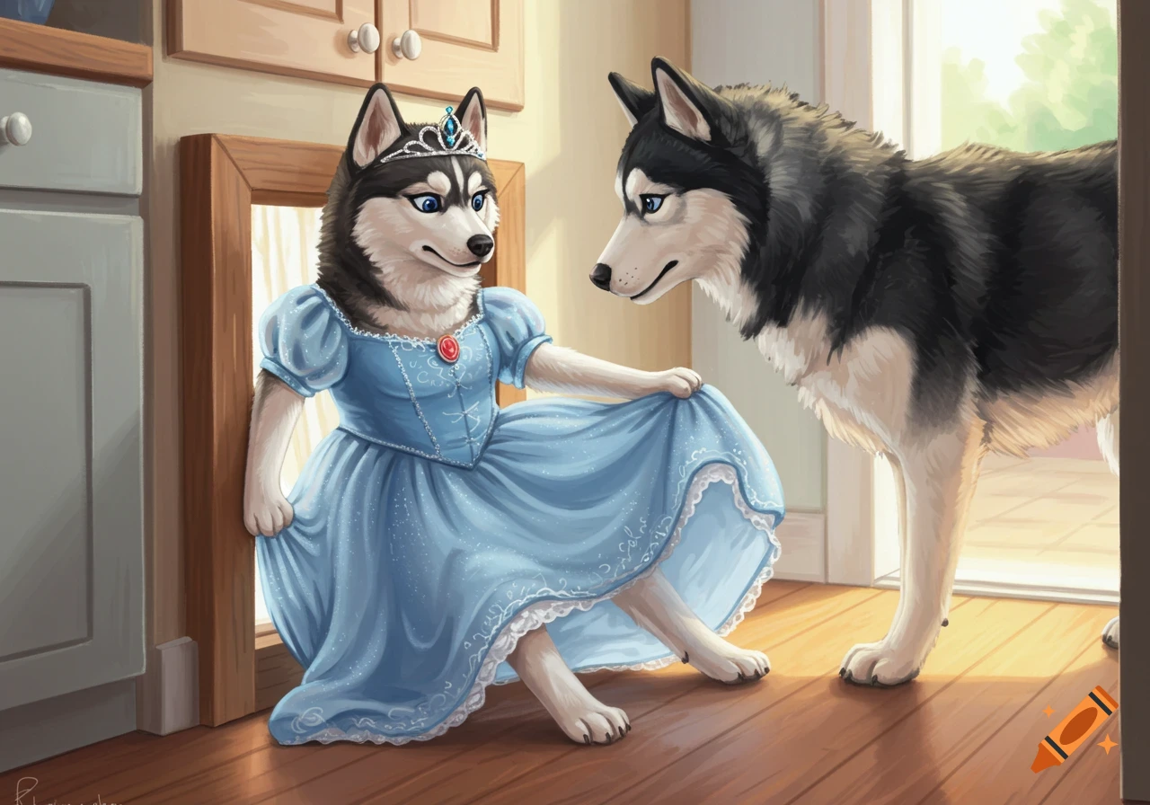 An anthropomorphic husky in a blue princess gown stands on a wooden ...