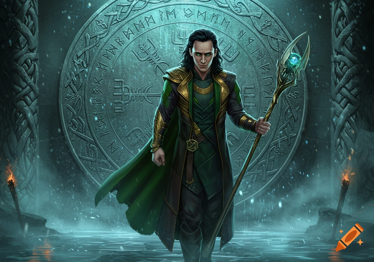 Illustration of Loki in green and gold attire holding a staff, standing ...