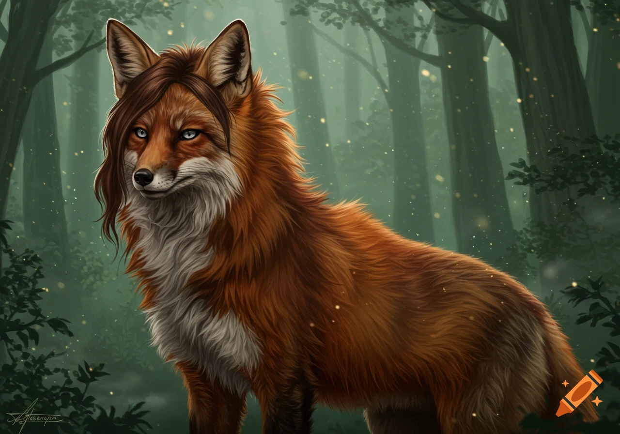 A black and orange fox with glowing eyes stands in a dark forest ...