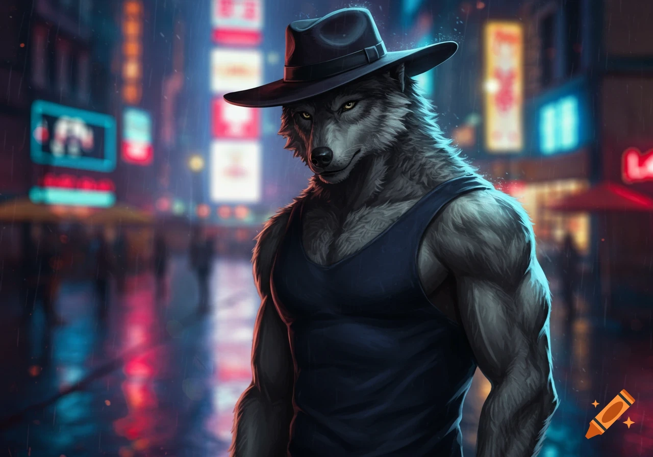 Muscular wolf in a black suit on Craiyon