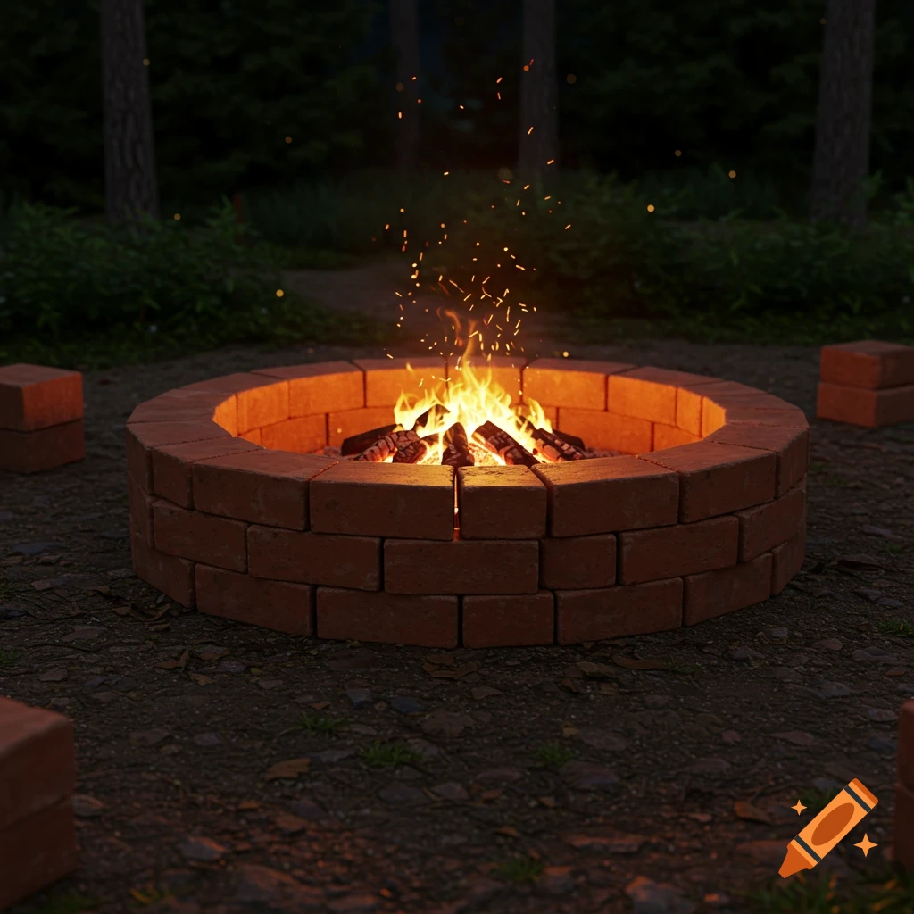 Photorealistic image of a brick fire pit with a burning fire and embers ...