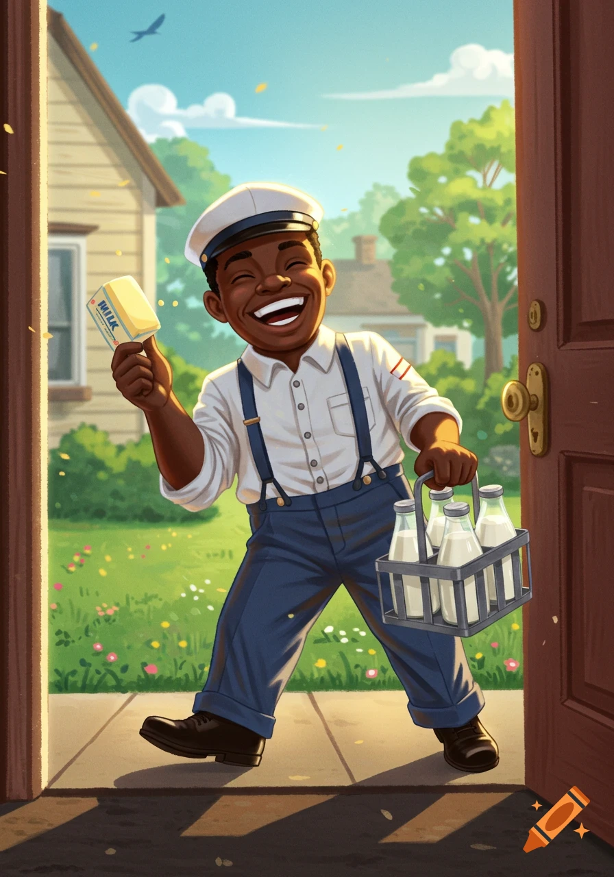 A smiling Black milkman in uniform holds milk bottles and butter at a ...