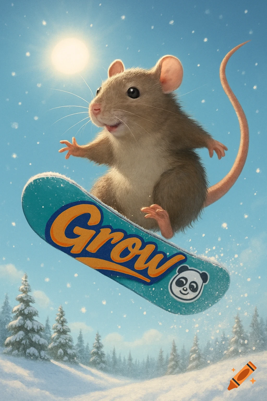 A cute realistic mouse mid-jump on a snowboard, with 'Grow' and a panda ...