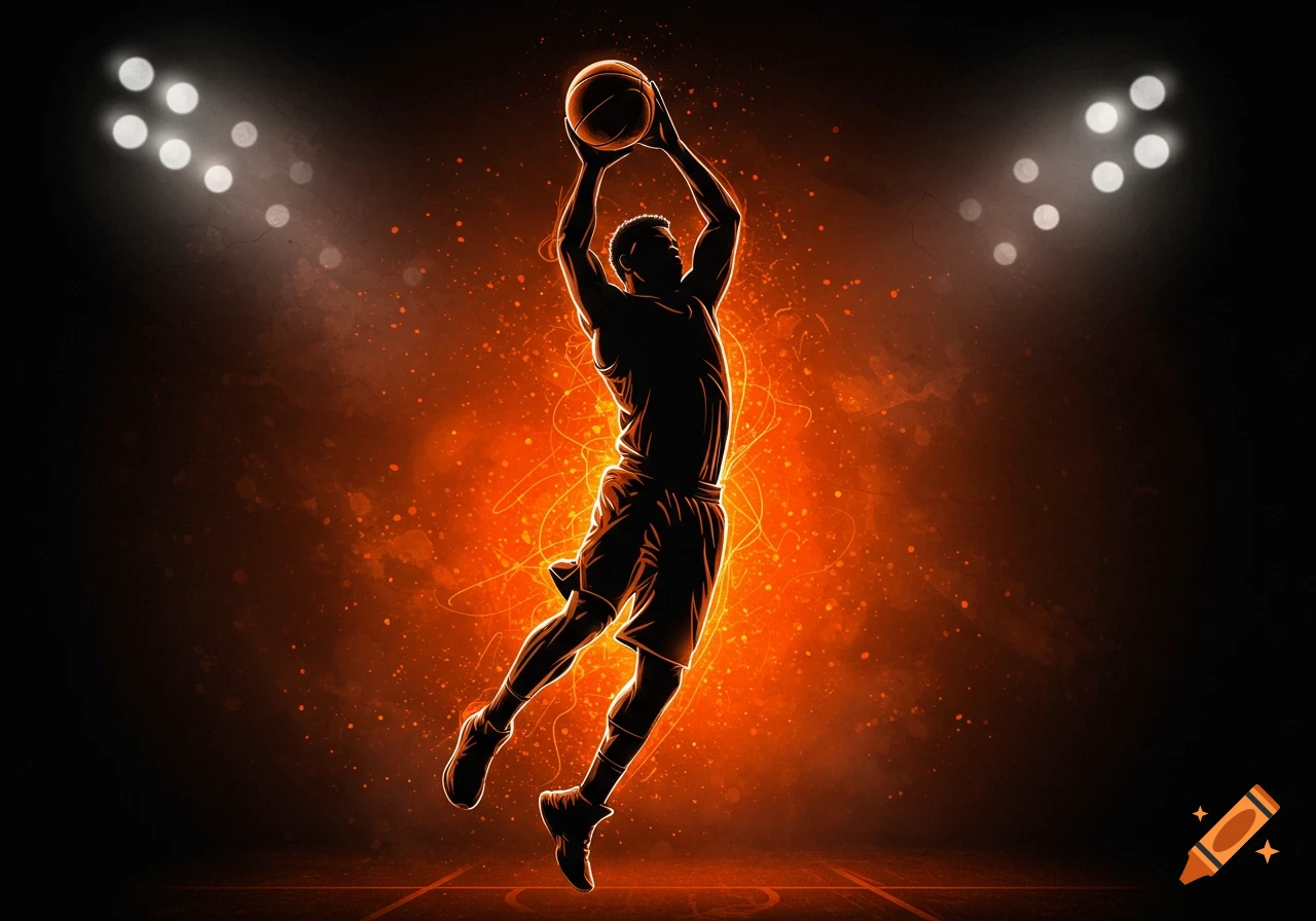 A basketball player in mid-air dunks a glowing ball against a dramatic ...