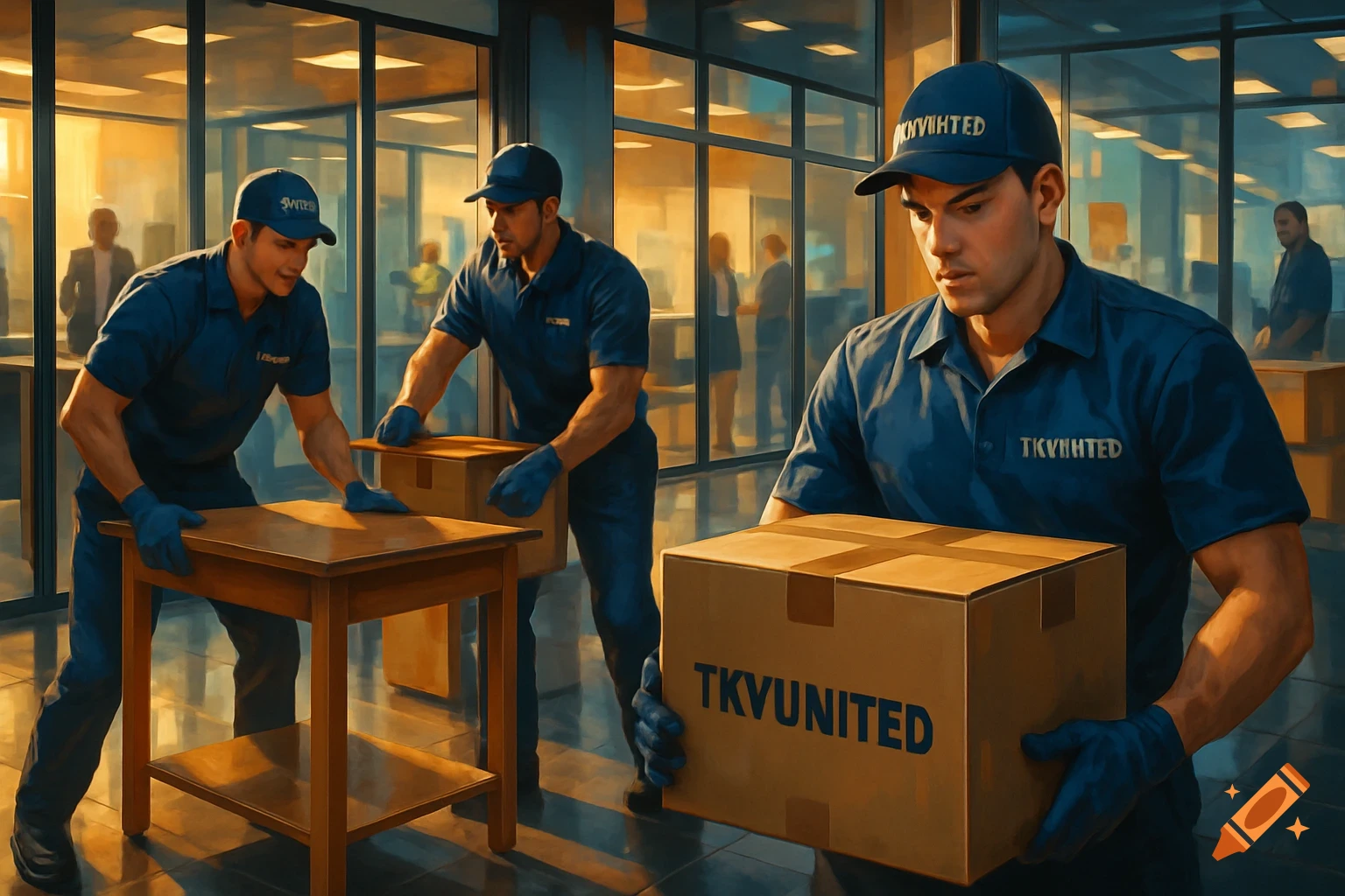 Three movers in blue uniforms and hats in an office building. Two are ...