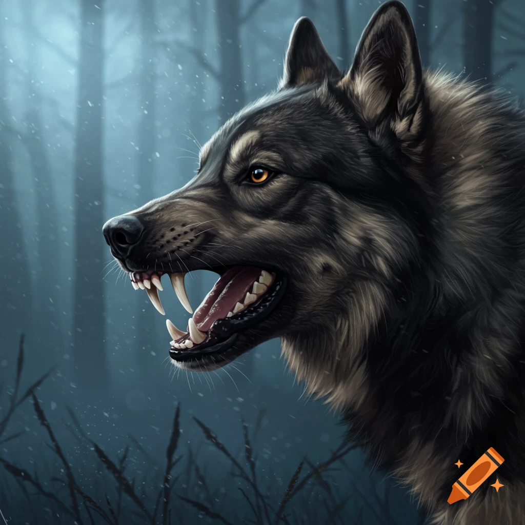 A close-up of a snarling wolf with bared fangs and glowing orange eyes in a misty dark forest ...