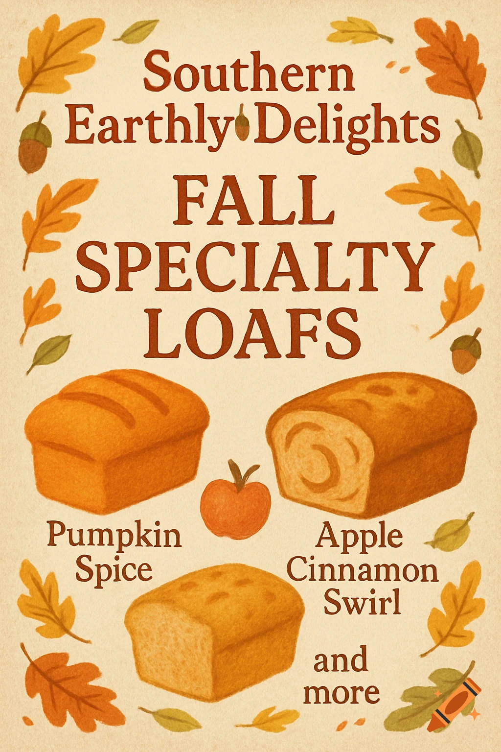 Illustrated fall bakery advertisement for Southern Earthly Delights ...