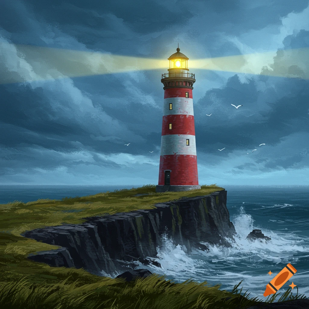 A pointillist painting of green-topped cliffs overlooking a turquoise ...