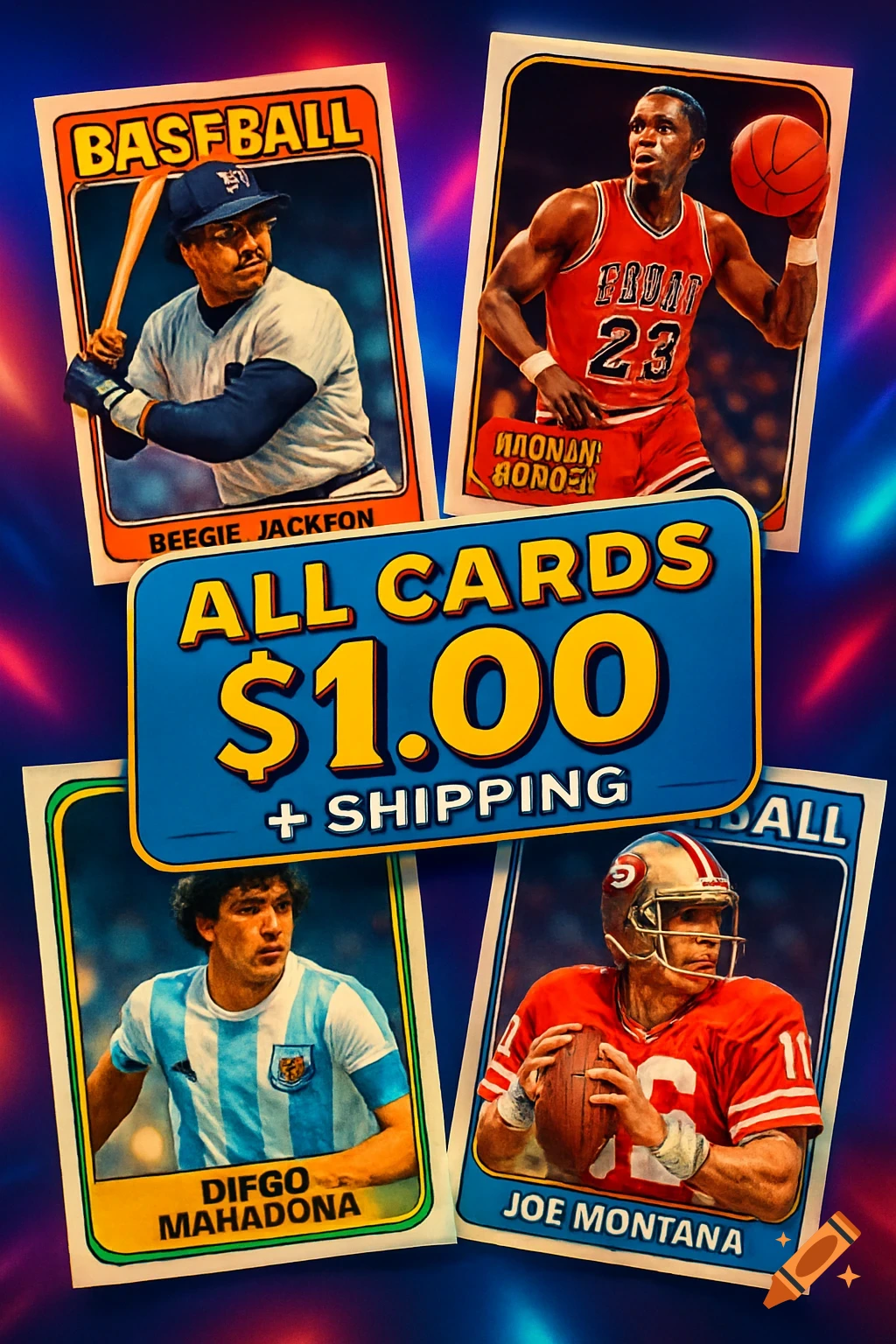 A collage of retro sports trading cards, including baseball, basketball ...