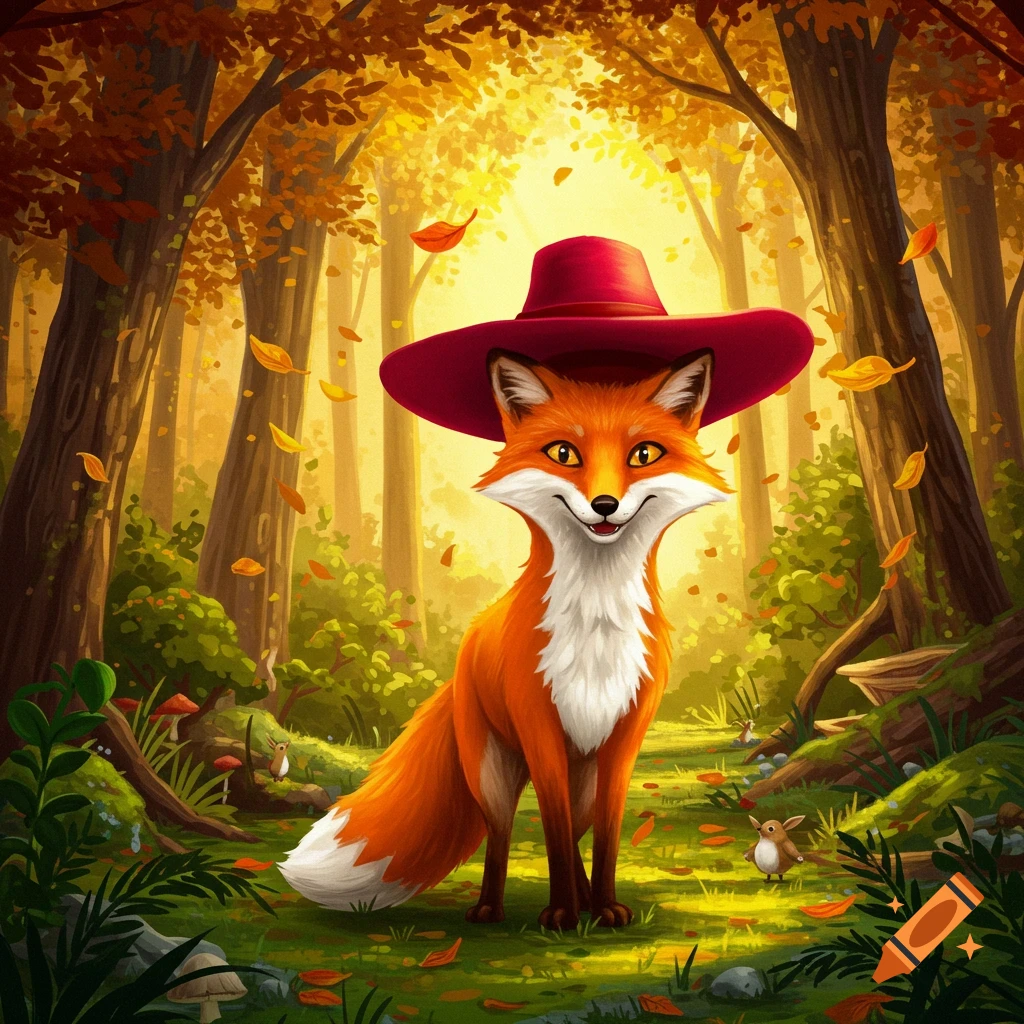 A smiling, cartoon fox in a red hat stands in a bright, golden autumn ...
