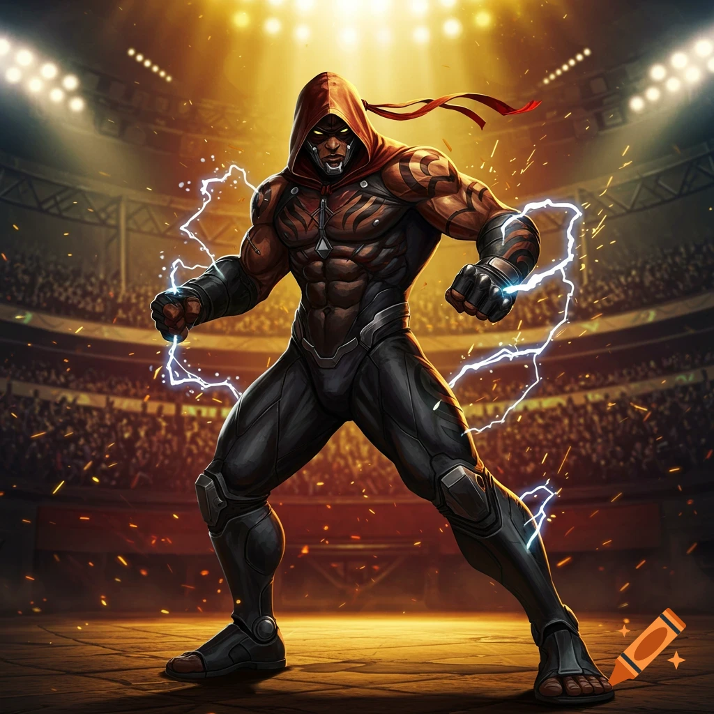 A buff anthropomorphic lion in a blue wrestling singlet, glowing eyes ...