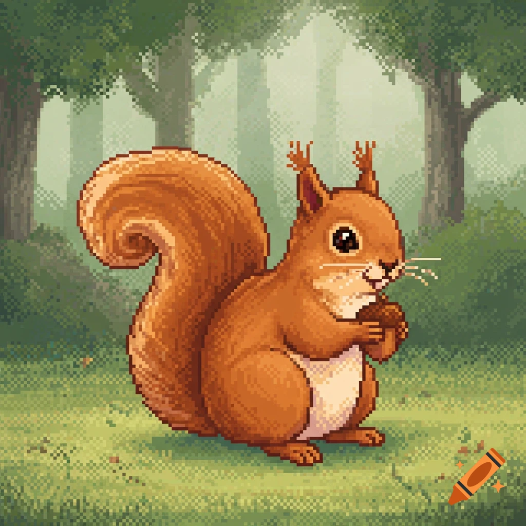 A brown pixel art squirrel sits on green grass in a forest, holding a ...