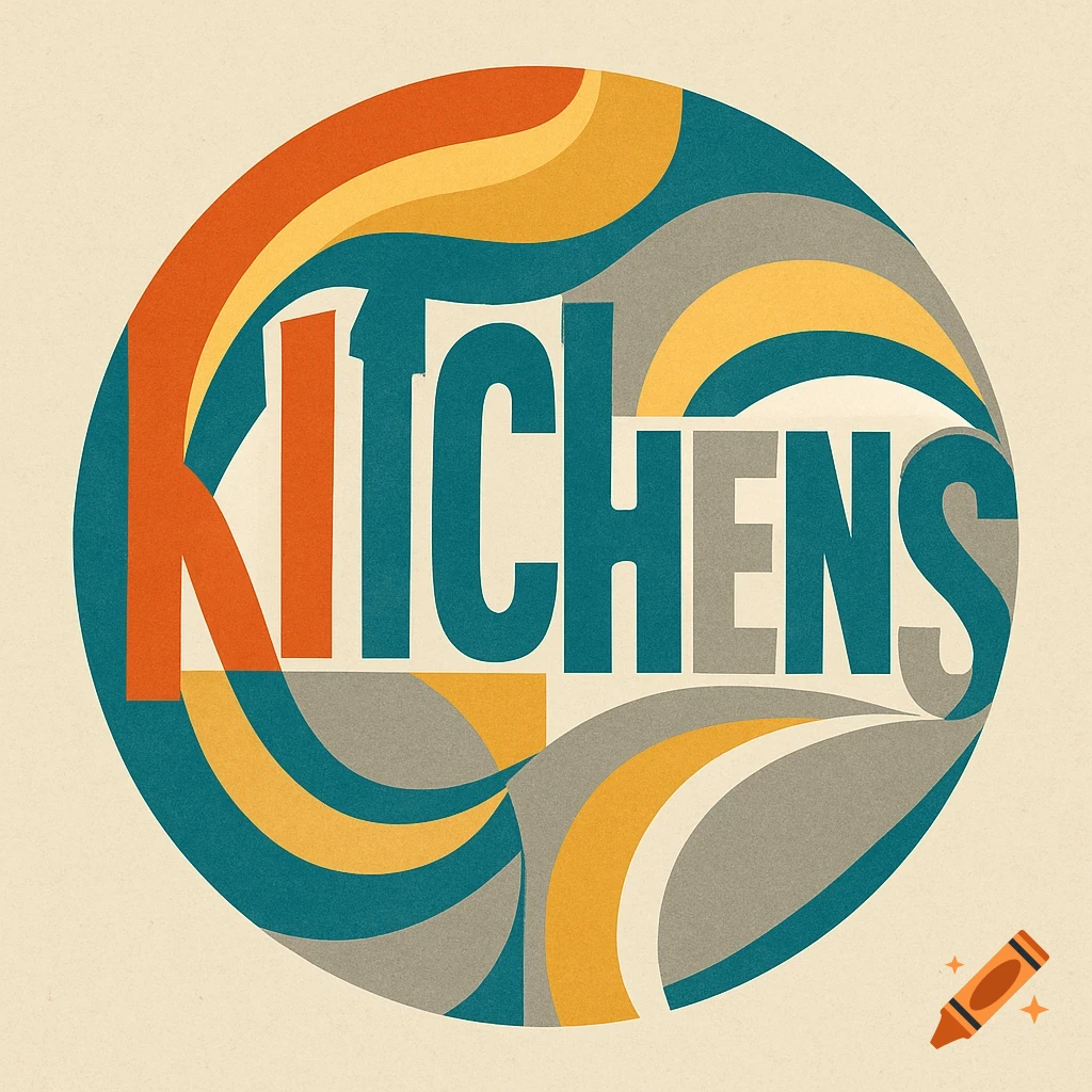 A retro-modern circular graphic featuring the word 'KITCHENS' in bold ...