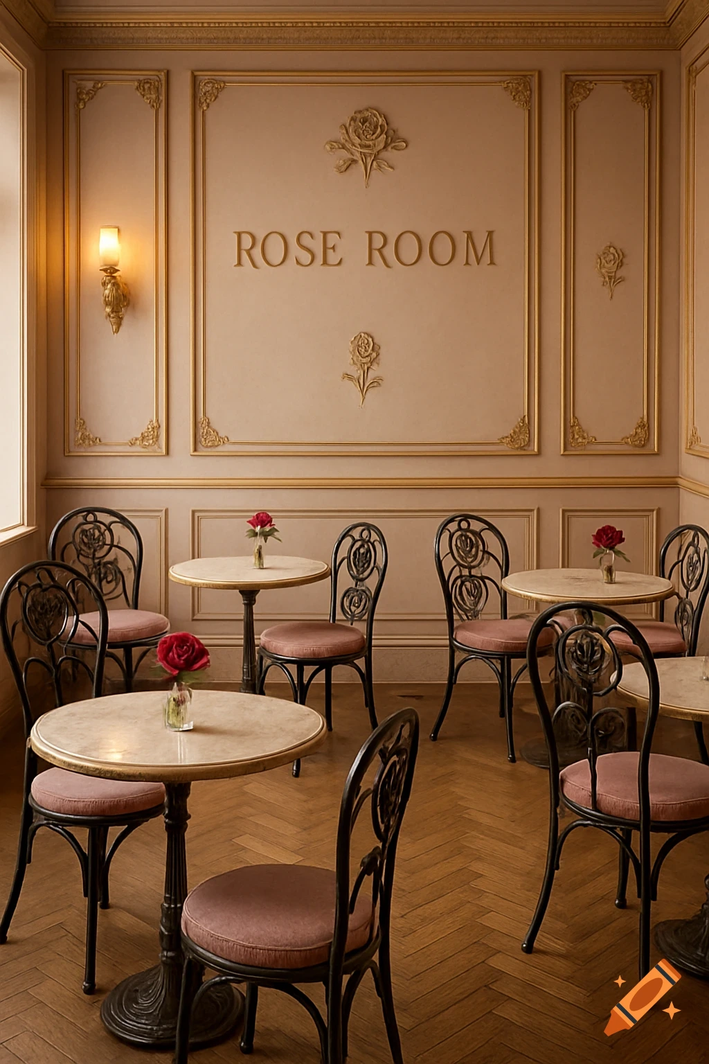 A hyperrealistic cafe interior with elegant gold trim, pink walls ...